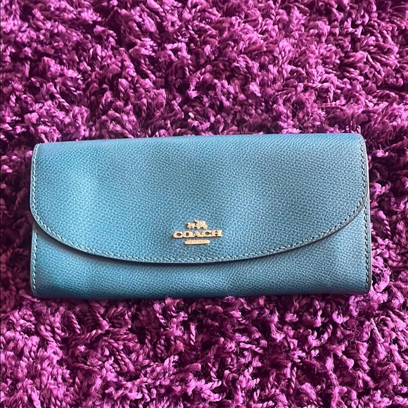 Coach | Bags | Coach Blue Leather Wallet With Gold Logo | Poshmark